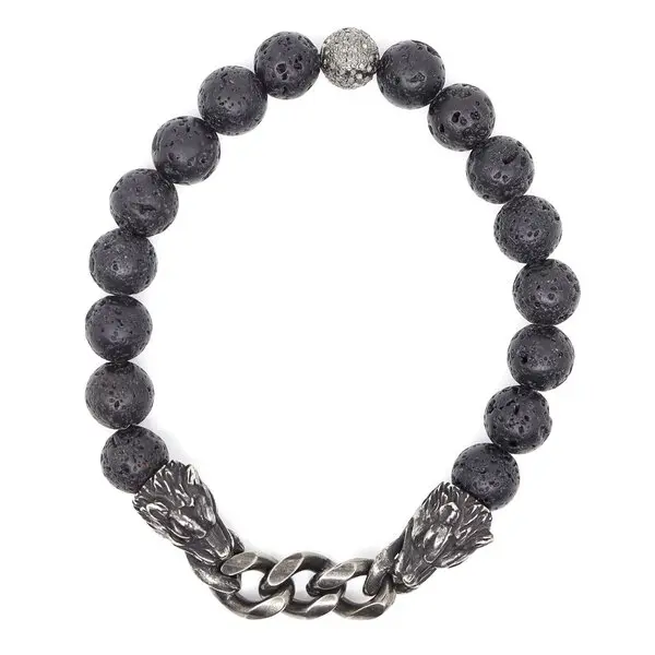 SHAR OKE Stainless Steel Panther & Lava Beaded Bracelet - Black/silver