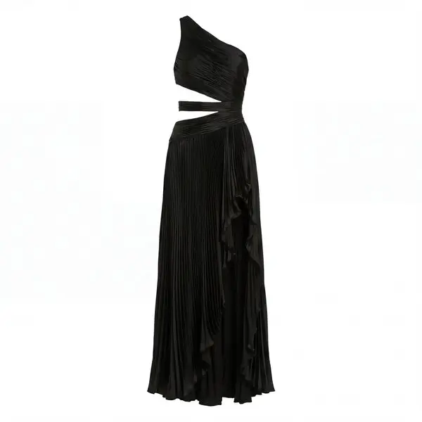 Mac Duggal One Shoulder Pleated Charmeuse Gown With Slit And Cut-outs - Black