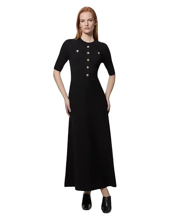 Karen Millen Rib Knit Military Trim Maxi Dress - Black