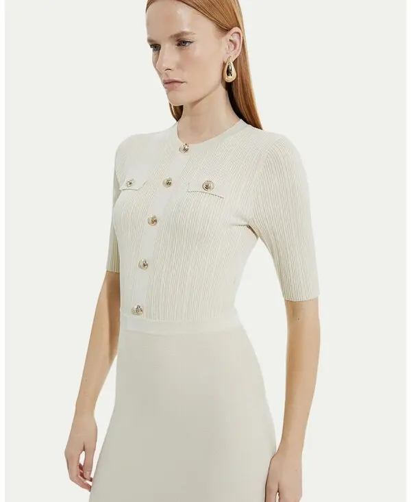 Karen Millen Rib Knit Military Trim Maxi Dress - Cream