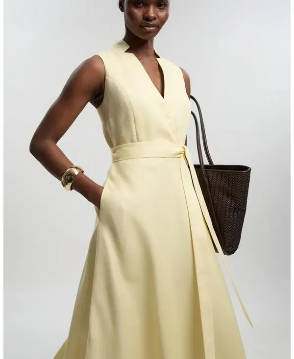 Karen Millen Tailored Linen Wrap Maxi Dress - Lemon
