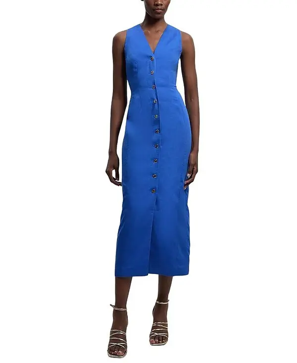 Karen Millen Tailored Linen Corset Back Midi Dress - Cobalt