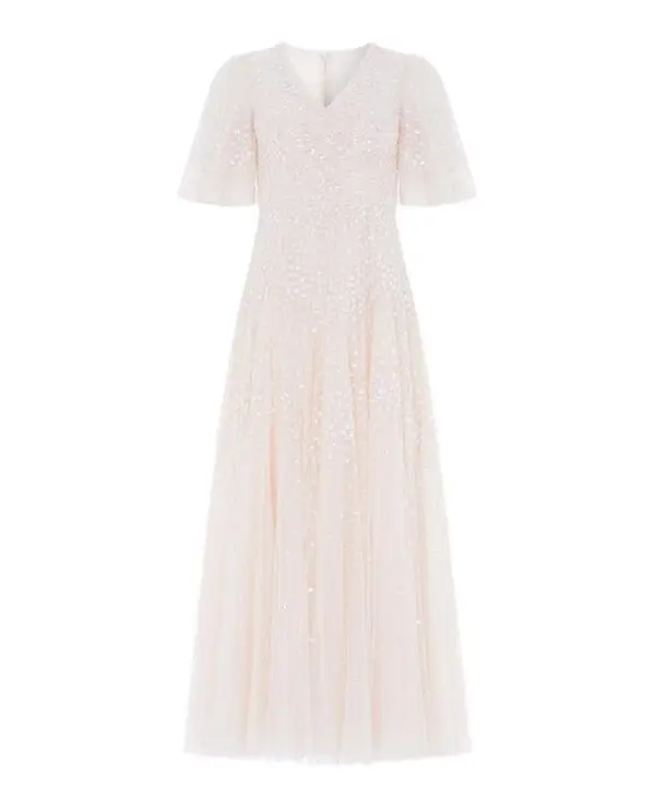 NEEDLE & THREAD Scallop Sequin V-neck Ankle Gown - Cream