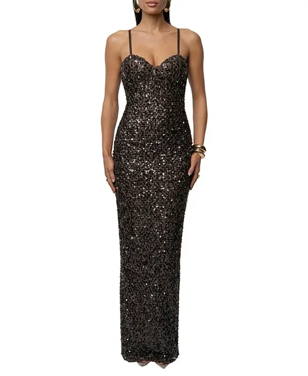JLUXLABEL Jewel Opulence Sequin Maxi Dress With Sweetheart Neckline - Chocolate