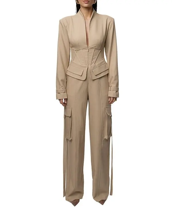 JLUXLABEL Day Off Cargo Jumpsuit With Corset Bodice And Wide-leg Pants - Stone