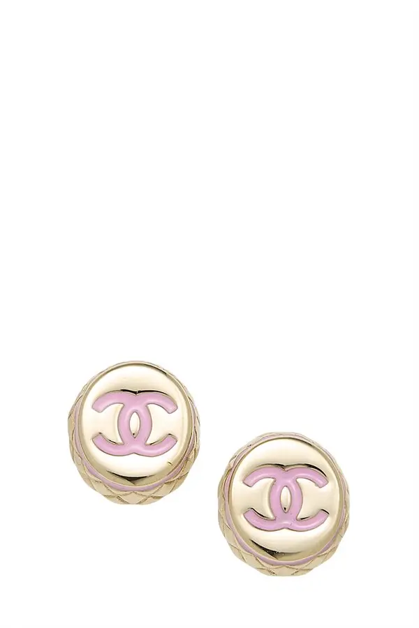 Chanel Pink Enamel Cc Stud Earrings - Gold
