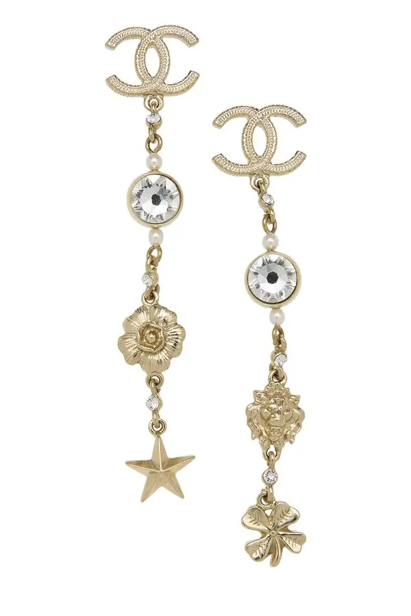 Chanel Crystal Dangle Earrings With "lucky Charms" Motifs - Gold