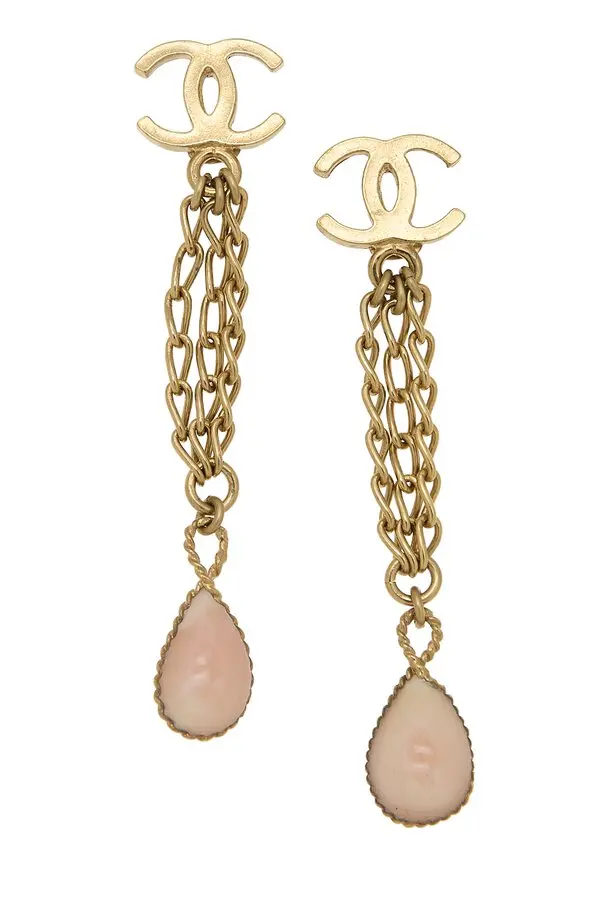 Chanel Gold Dangle Earrings With Charm Accents - Pink