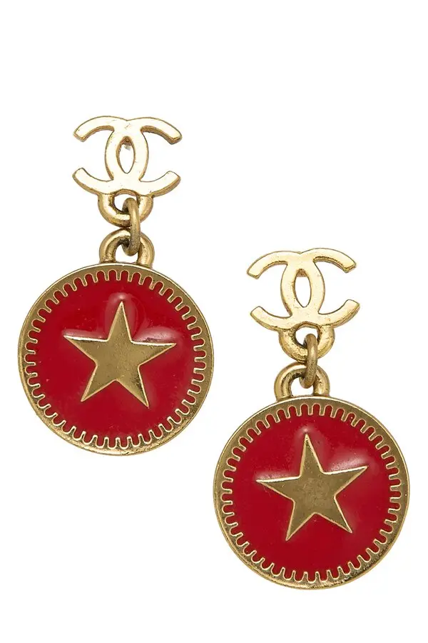 Chanel Gold-plated Enamel Cc Star Dangle Earrings - Red