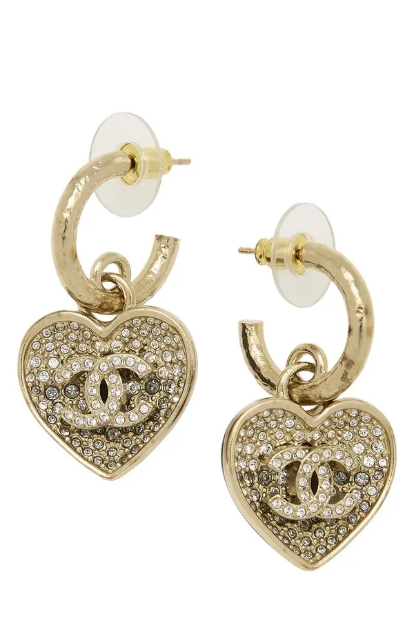 Chanel Plated Crystal 'cc' Heart Charm Earrings - Gold