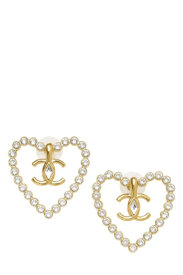 Chanel Plated Crystal 'cc' Heart Charm Earrings - Gold