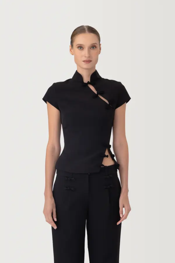 SAU LEE Iris Crepe Cap Sleeve Top - Black