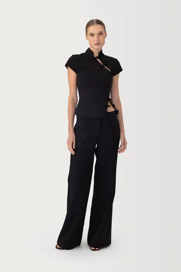 SAU LEE Iris Crepe Cap Sleeve Top - Black
