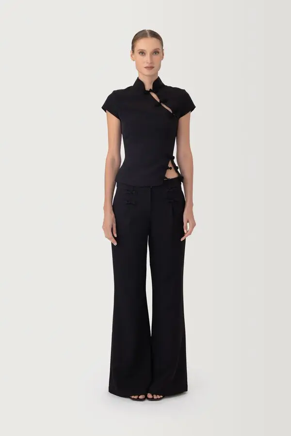 SAU LEE Iris Crepe Cap Sleeve Top - Black