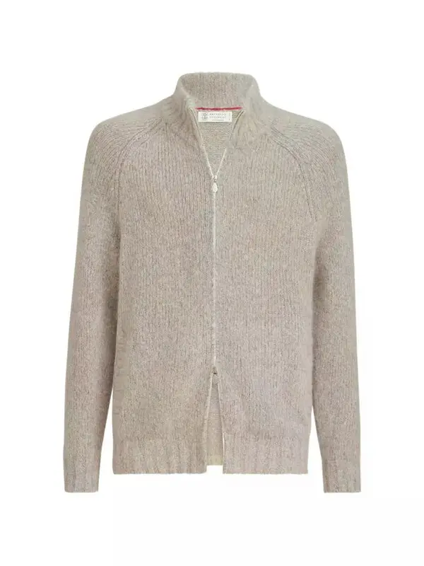 Brunello Cucinelli Cashmere And Silk High-neck Zipper Cardigan - Neutrals
