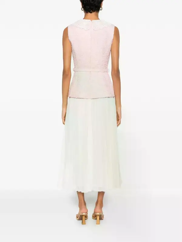 SELF-PORTRAIT Pink Bouclé Midi Dress With Lace Collar