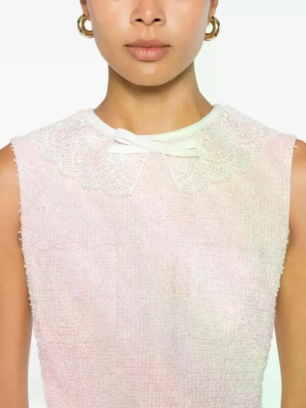 SELF-PORTRAIT Pink Bouclé Midi Dress With Lace Collar