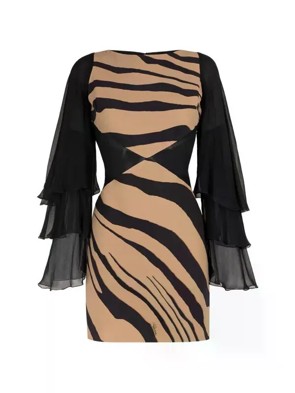 Roberto Cavalli Tiger Print Tiered Sleeve Dress - Black
