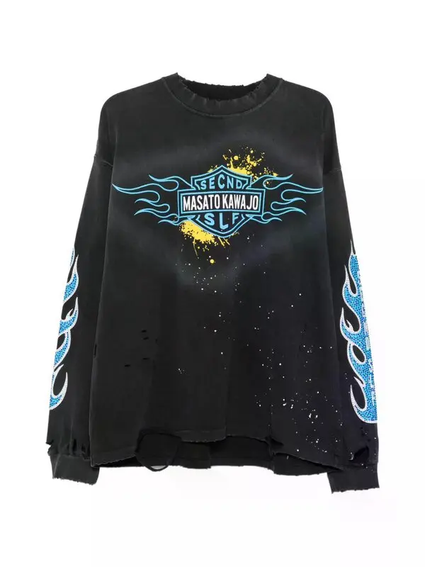 SECND SLF X Masato Kawaj Firestorm Distressed Long-sleeve Cotton T-shirt - Black