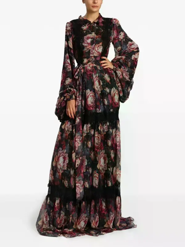 MIAU BY CLARA ROTESCU Saskia Floral-print Lace-trim Maxi Dress - Black