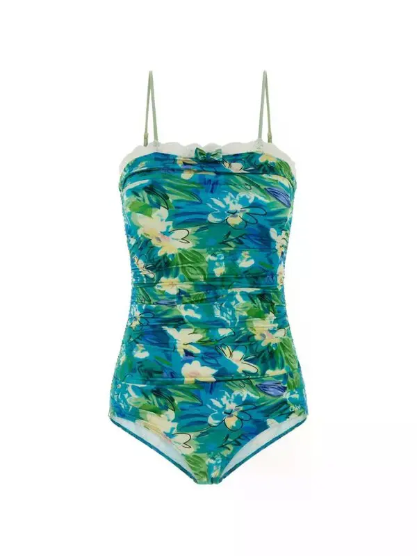 Chloé Ruched Floral-print Swimsuit - Blue