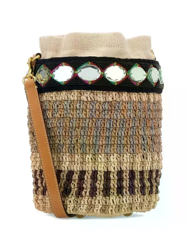 Valentino Garavani Vlogo Signature Embroidered Raffia Bucket Bag - Neutrals