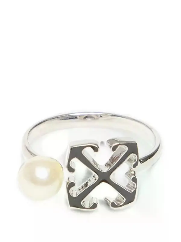 Off-White Signature Arrows Faux Pearl Embellished Open Cuff Ring - Silver