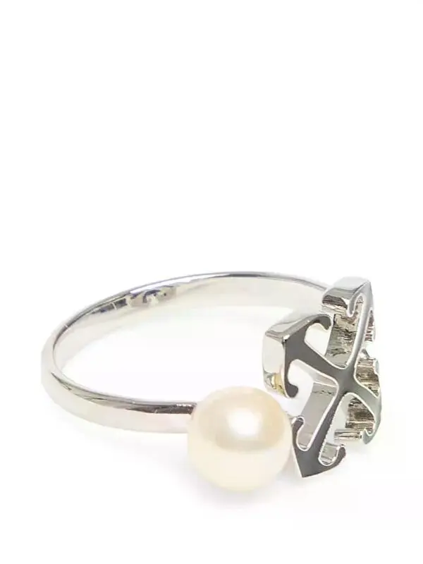 Off-White Signature Arrows Faux Pearl Embellished Open Cuff Ring - Silver