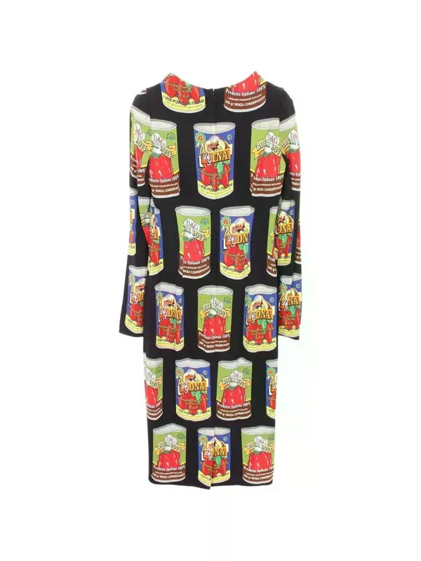 Dolce & Gabbana Tomato Can Print Long Sleeve Midi Dress - Black