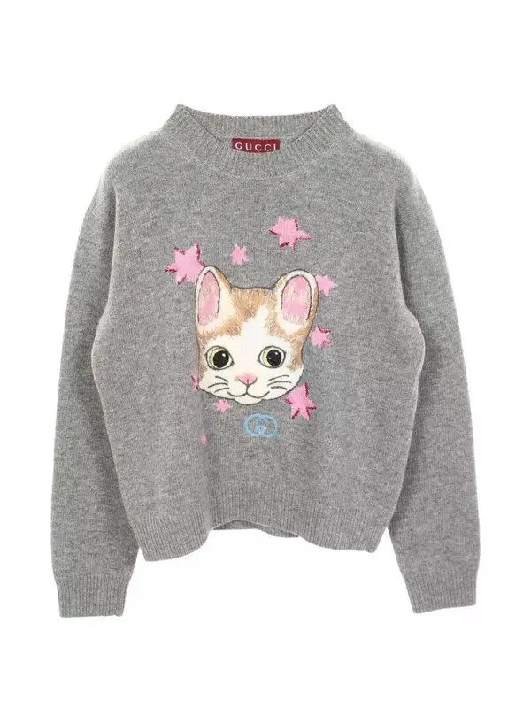 Gucci Yuko Higuchi Cat Intarsia Wool Sweater - Grey