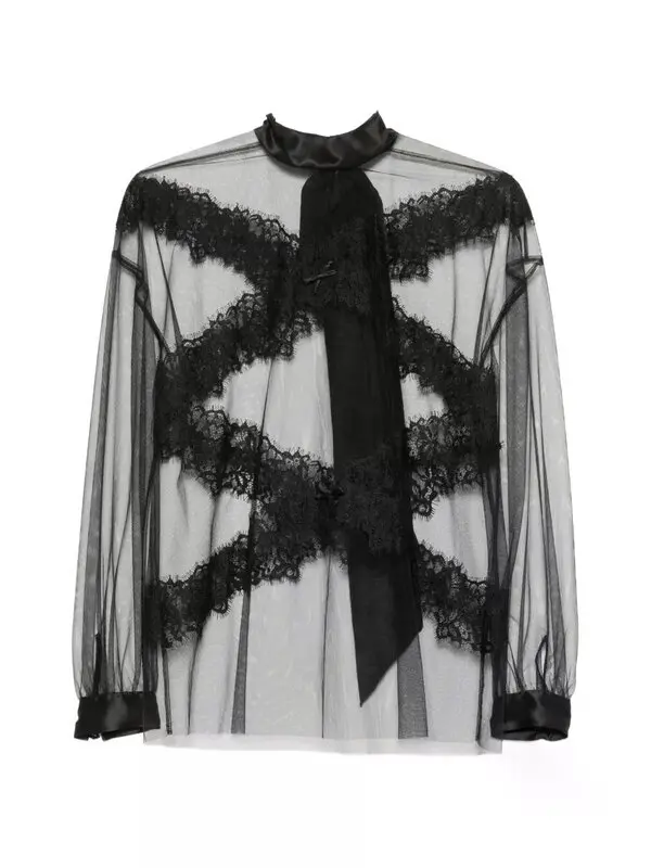 Viktor & Rolf Sheer Tulle Lace Trim High Neck Blouse - Black