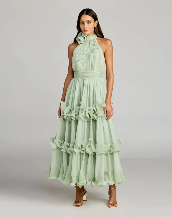 Mac Duggal Sleeveless Chiffon Halter Neck Midi Dress With Ruffle Tiers - Jade