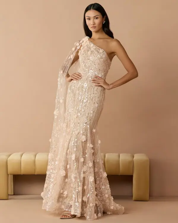 MAC DUGGAL COLLECTION One Shoulder Embellished Gown With Cape Sleeve - Neutral