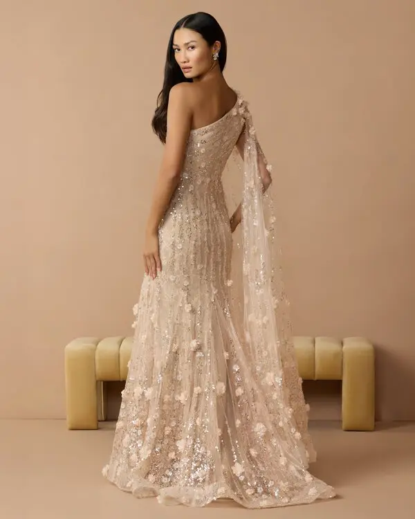 MAC DUGGAL COLLECTION Embellished One-shoulder Gown With Cape Sleeve