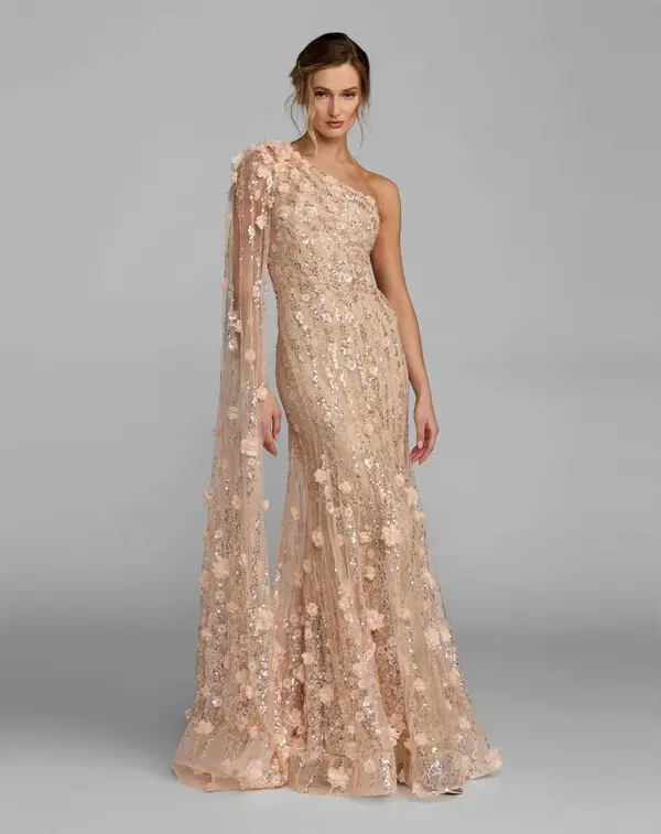 MAC DUGGAL COLLECTION Embellished One-shoulder Gown With Cape Sleeve