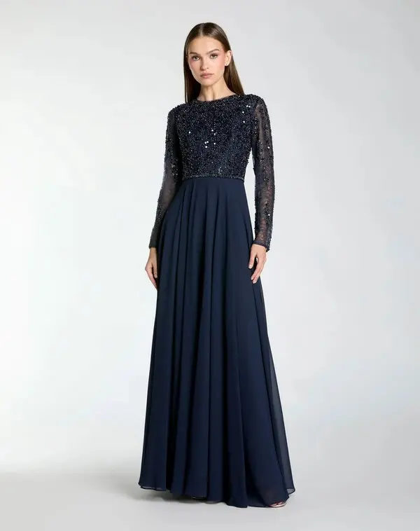 Mac Duggal Embellished Long Sleeve Gown With Chiffon Skirt - Midnight