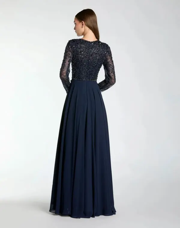 Mac Duggal Embellished Long Sleeve Gown With Chiffon Skirt