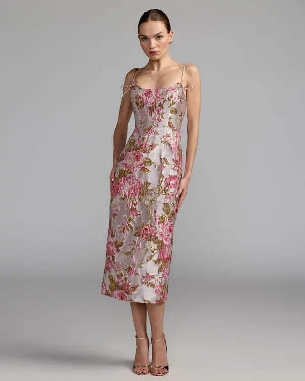 Mac Duggal Floral Brocade Bow Strap Midi Dress - Pink Multi