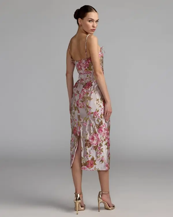 Mac Duggal Floral Brocade Bow Strap Midi Dress