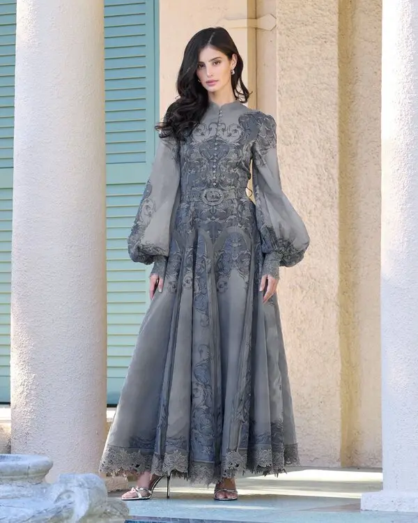 Mac Duggal Bishop Sleeve Printed Cotton A-line Maxi Dress