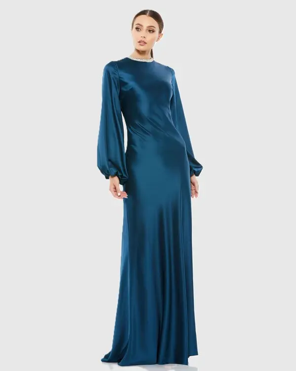 Mac Duggal Petite Beaded High Neck Bishop Sleeve Satin Gown - Blue