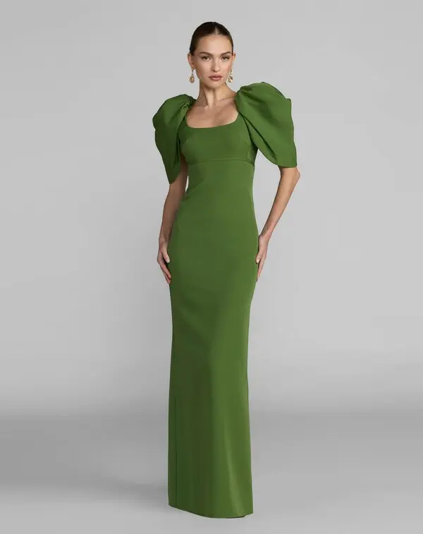 Mac Duggal Crepe Square Neck Gown With Puff Sleeves - Green