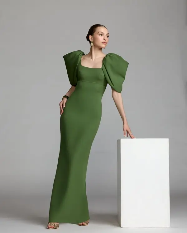 Mac Duggal Crepe Square Neck Gown With Puff Sleeves