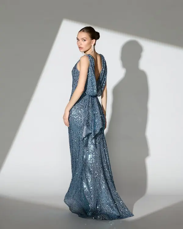 Mac Duggal Sequin Cowl Back Gown - Blue