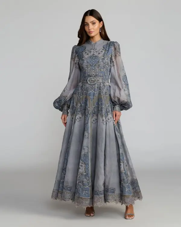 Mac Duggal Bishop Sleeve Printed Cotton Maxi Dress - Gray