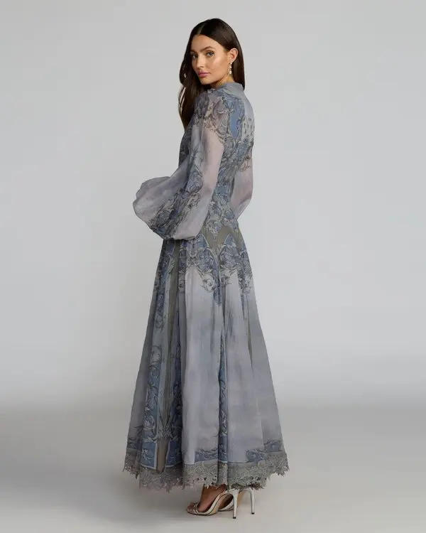 Mac Duggal Bishop Sleeve Printed Cotton A-line Maxi Dress