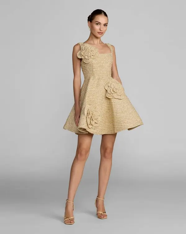 Mac Duggal Boucle Floral Applique Mini Dress - Gold