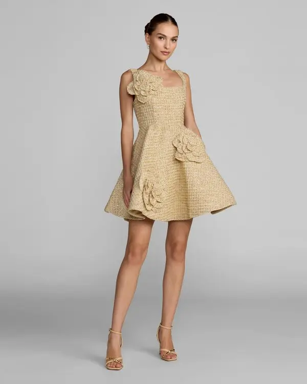 Mac Duggal Boucle Floral Applique Mini Dress - Gold