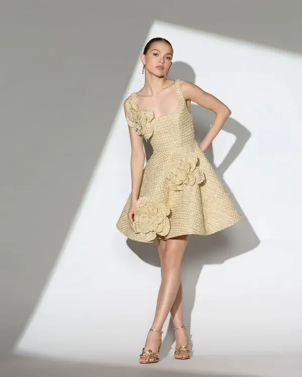 Mac Duggal Boucle Floral Applique Mini Dress