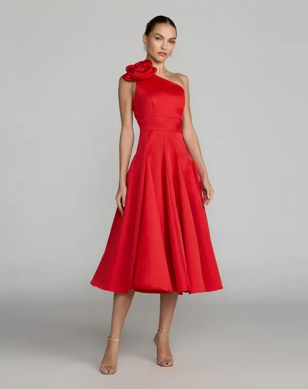 Mac Duggal One Shoulder Satin Midi Dress With 3d Flower Detail - Red